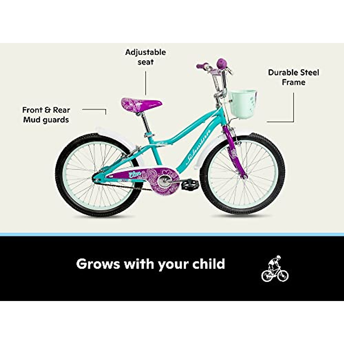 Schwinn Koen & Elm BMX Style Kids Bike in 20-Inch Wheels, Basket, Chain Guard & Kickstand Included, For Boys & Girls Age 7-13 Year Old, No Training Wheels, Teal