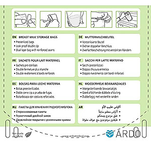 Ardo Easy Store - 50 Extra-Strong Breast Milk Storage Bags for Fridge and Freezer (180ml, 6 fl.oz.), with Easy-to-Read Scaling, 50 Bags, Stackable and Self-Standing