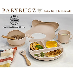 BabyBugz 7 Piece Baby Silicone Feeding Set, Baby Led Weaning Supplies with Silicone Suction Baby Bowls, Baby Silicone Plate With Suction and Baby Bibs, Baby Essentials Led Weaning Utensils (Sand)