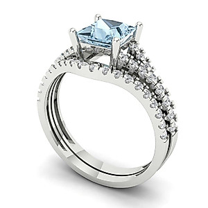 Clara Pucci 2.01ct Princess Cut Solitaire Natural Light Aquamarine Engagement Promise Anniversary Bridal Ring Band set 14k White Gold 7.5