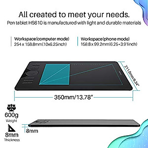 Drawing Tablet HUION HS610 Graphic Tablet with Battery-Free Stylus 8192 Pen Pressure Tilt Function, 10x6.25 Inches Digital Tablet for Animation & Design, Compatible with Windows/Mac/Android