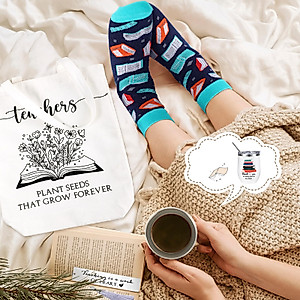 Sieral 4 Sets Book Lovers Gifts Teacher Gifts Includes 12 oz Stainless Steel Wine Tumbler with Lid Library Canvas Tote Bag Novelty Socks Thank You Bookmark Tassel for Nursing Teacher