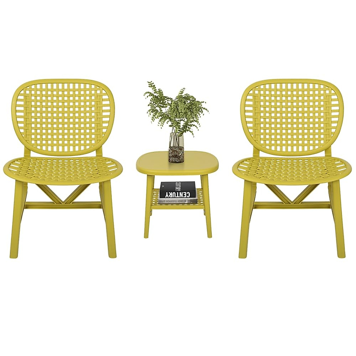 3 Pieces Hollow Design Patio Table Chair Set All Weather Conversation Bistro Set Outdoor Coffee Table with Open Shelf and Lounge Chairs with Widened Seat for Balcony Garden Yard Yellow