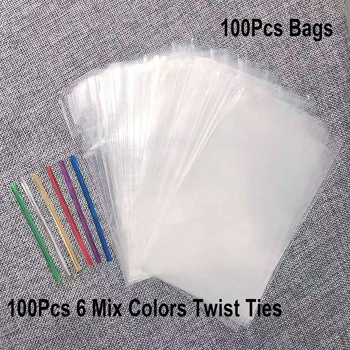 Cello Cellophane Treat Bags, 8 X 12 Inches Big OPP Clear Plastic Bags For Bakery, Popcorn, Cookies, Candies, Dessert with 6 Colors Twist Ties(100 Pieces Bags + 100 Pieces Twist Ties) (100, 8 X 12)