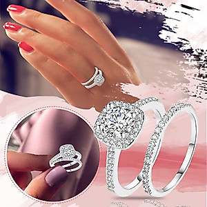 Engagement Rings Wedding Bands Stacking Women Engagement Wedding 2Pcs Set Cubic Zirconia 925 Sterling Silver Rings Size 6-10 for Women/Girl Finger Rings DIY Jewelry Gifts (Silver, 11)