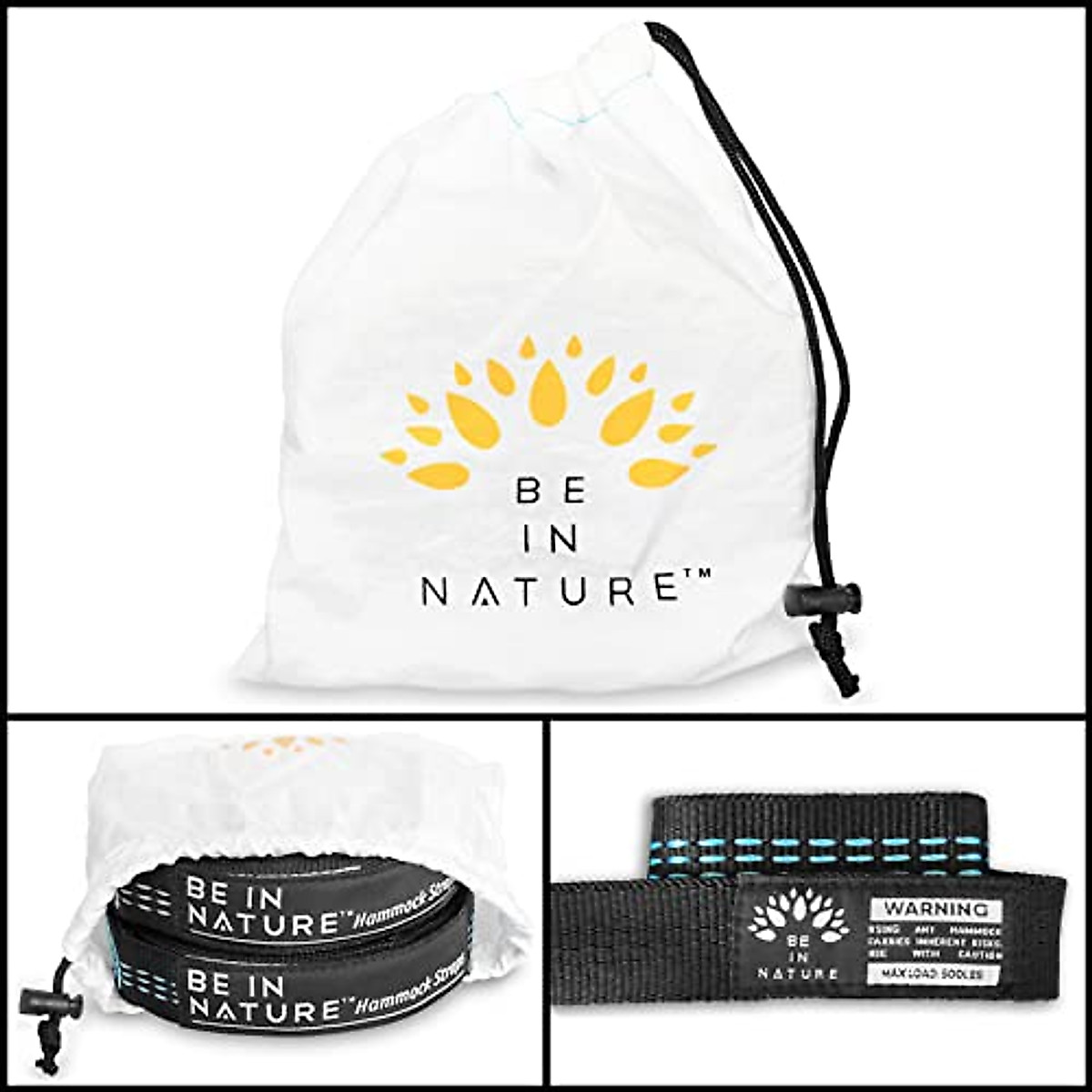 Be In Nature XL Hammock Straps – Tree Straps – 20 Feet Long – 42 Loops – Support 500 Pounds (Black)