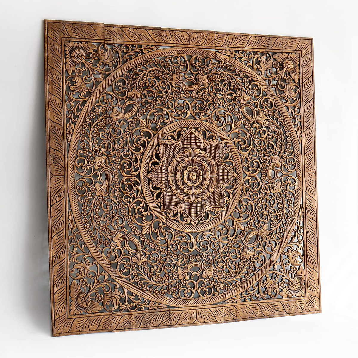 Queen Mandala Head Board Wood, Carve Wall Art Hanging, Reclaim Teak Medallion Panels, Weathered Brown Stain Finishing, 60 inches