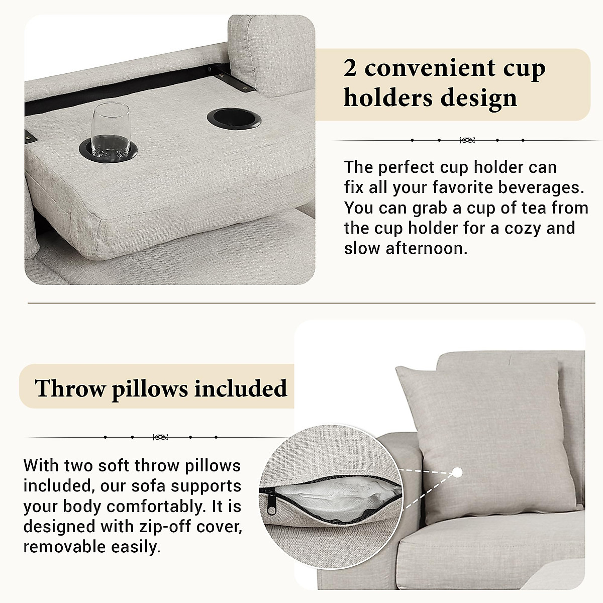 P PURLOVE Sectional Sofa with Reversible Chaise and 2 Pillows, Linen L-Shaped Sofa with Storage Ottoman and Cup Holders, Sectional Couche Living Room Furniture Sets (Light Gray)