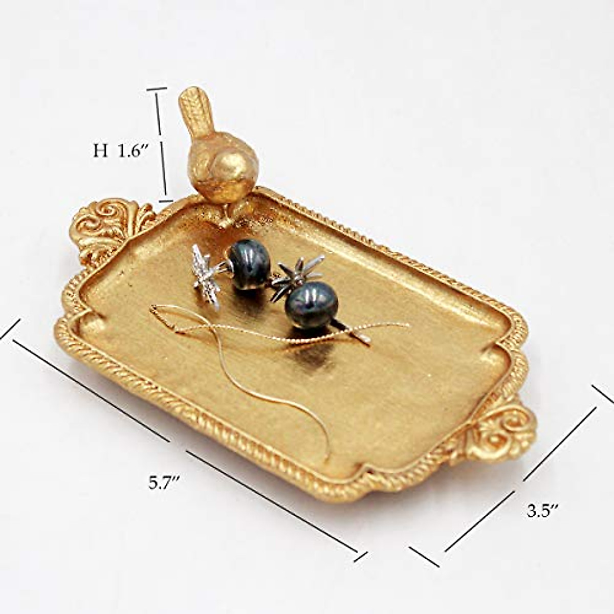 Funly mee Antique Trinket Dish Vintage Golden Metal Jewelry Tray with Bird, Ring Holder