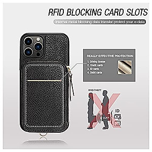 ZVE Wallet Case for iPhone 13 Pro 6.1 inch, Magsafe Zipper Leather RFID Blocking Cards Holder Slots Case with Magnetic Wireless Charging, Protective Cover for iPhone 13 Pro 6.1” (2021) - Black
