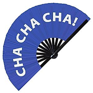 Cha cha cha! hand fan foldable bamboo circuit hand fan funny gag slang words expressions statement gifts Festival accessories Rave handheld Circuit event fan Clack fans (Blue)