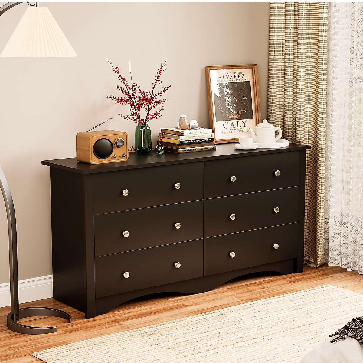 Furniwell 6 Drawer Dresser for Bedroom, Wood Dresser Wide Storage Organizer for Living Room Hallway Closets (Black)