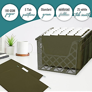 Hanging File Folders Letter Size, Hanging Files 25 Pack 1/5 Cut Heavyweight 180 GSM Reinforced Green File Cabinet Folders