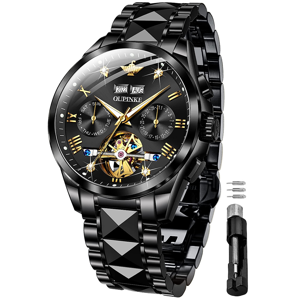 OUPINKE Black Men Automatic Mechanical Wrist Watches Luxury Dress Tungsten Steel Luminous Waterproof Sapphire Diamond Calendar Best Gifts Men