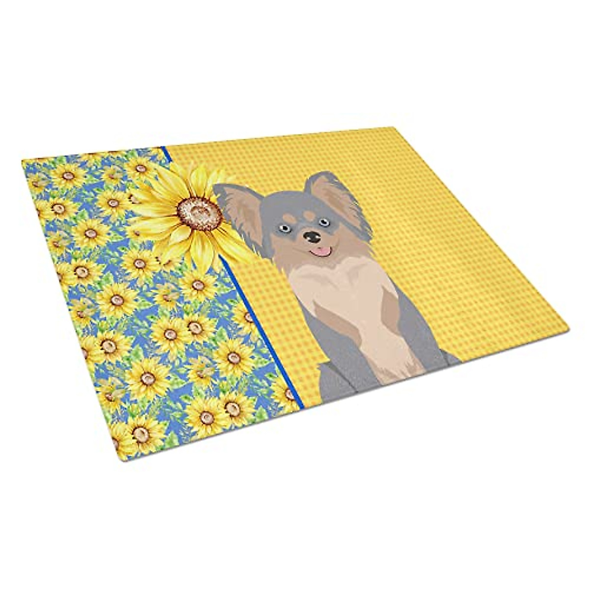 Caroline's Treasures WDK5358LCB Summer Sunflowers Longhaired Blue and Tan Chihuahua Glass Cutting Board Large Decorative Tempered Glass Kitchen Cutting and Serving Board Large Size Chopping Board