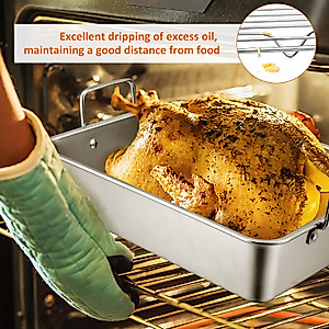 Leonyo Roasting Pan with Rack, 14 Inch Turkey Roasting Pan & Cooling Rack, Stainless Steel Baking Pans Non Stick Roaster Pan with Wire Rack for Cooking Ham, Chicken, Cake, Lasagna, Casserole