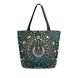 ALAZA Moon & Star Alchemy Magical Large Canvas Tote Bag Shopping Shoulder Handbag with Small Zippered Pocket