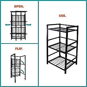 Flipshelf-Folding Metal Bookcase-Small Space Solution-No Assembly-Home, Kitchen, Bathroom And Office Shelving-Black, 3 Shelves, Narrow