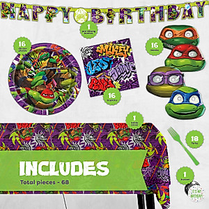 Teenage Mutant Ninja Turtle Birthday Party Supplies | Serves 16 Guests | Officially Licensed | TMNT Mutant Mayhem Movie | Birthday Decorations