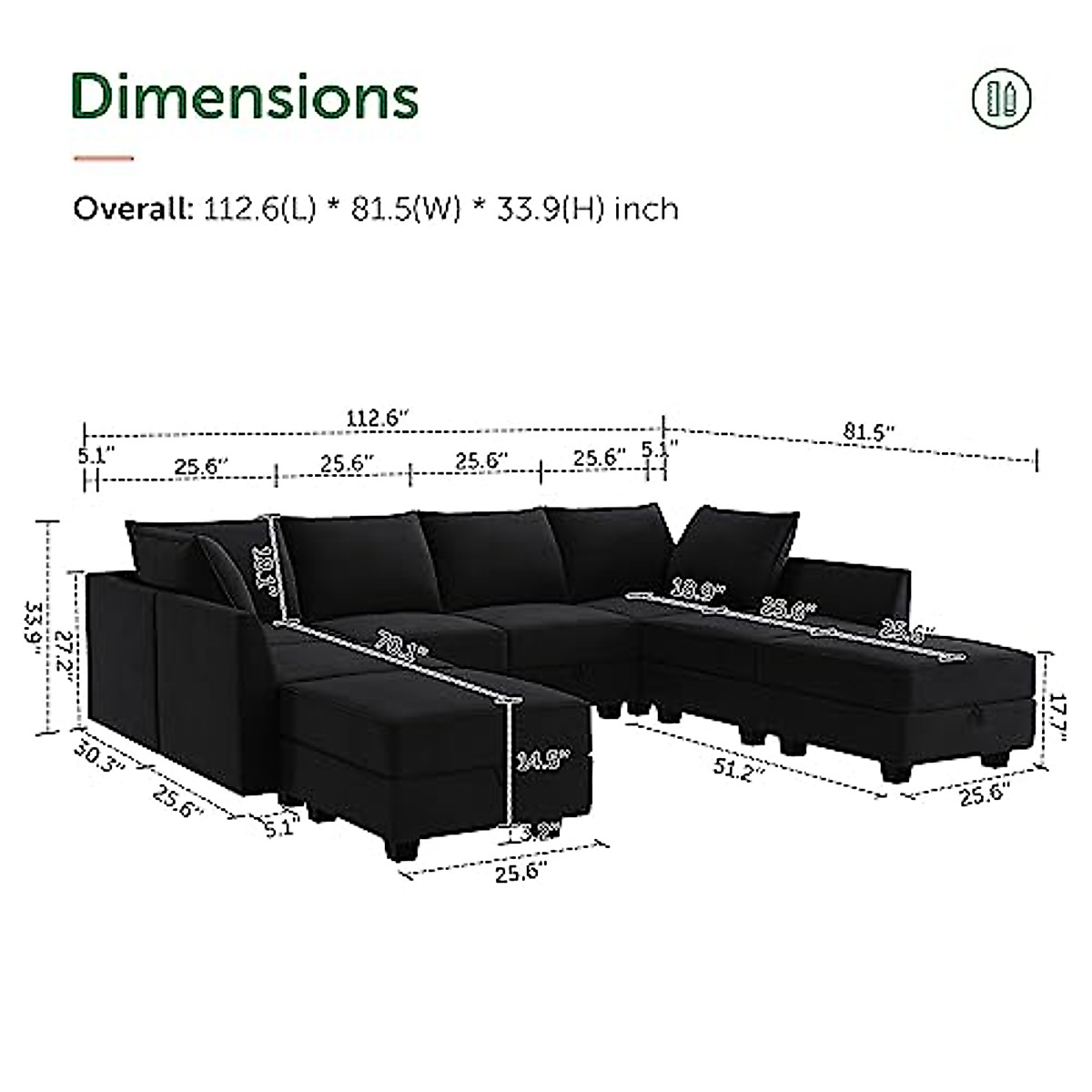 HONBAY Flexible Modular U Shaped Sofa, Black, Wood, 112.60 x 81.50 x 33.90 in