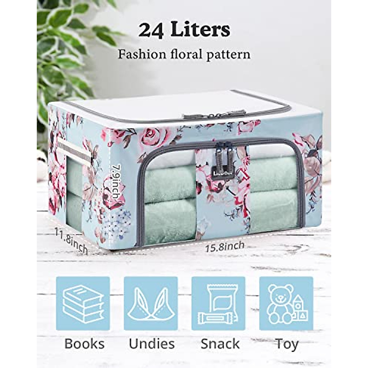 LitBear 2 Pack 24L Clothes Storage Bins Foldable Metal Frame Storage Box - Stackable Oxford Fabric Container Organizer Set with Carrying Handles and Clear Window(Blue floral)