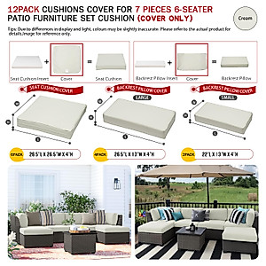 ClawsCover 12 Pack Outdoor Patio Seat and Back Cushions Replacement Covers Fit for 7Pieces 6-Seater Wicker Rattan Furniture Conversation Set Sectional Couch Chair,Cream-Include Cover Only