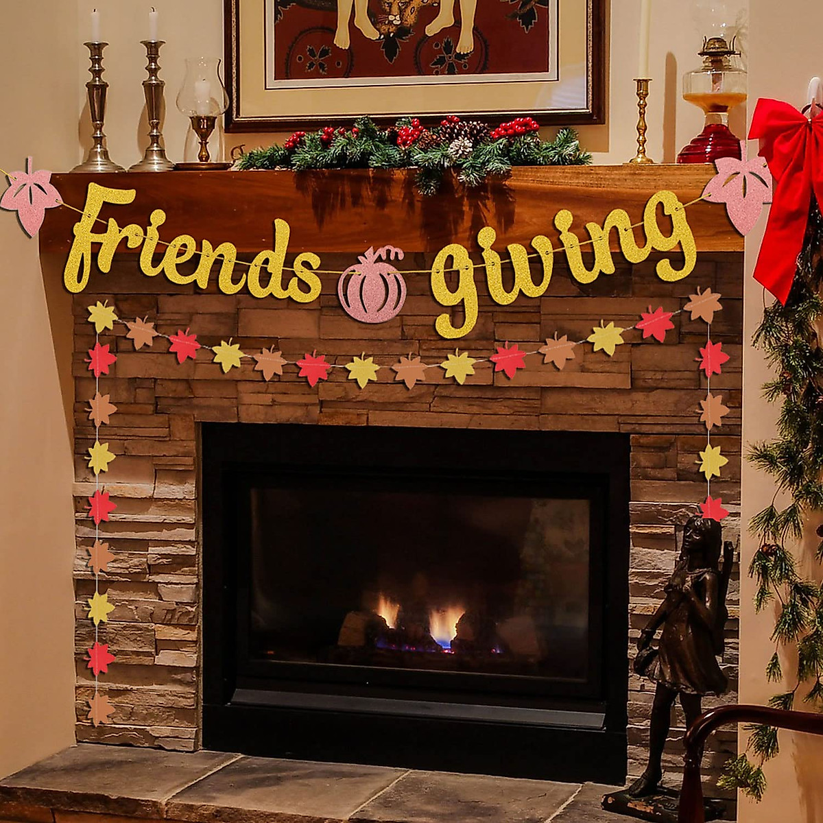 Friendsgiving Banner,Friendsgiving Decorations,Fall Autumn Friend Party,Thanksgiving Banner Friends Party Decorations Supplies (Gold Friendsgiving)