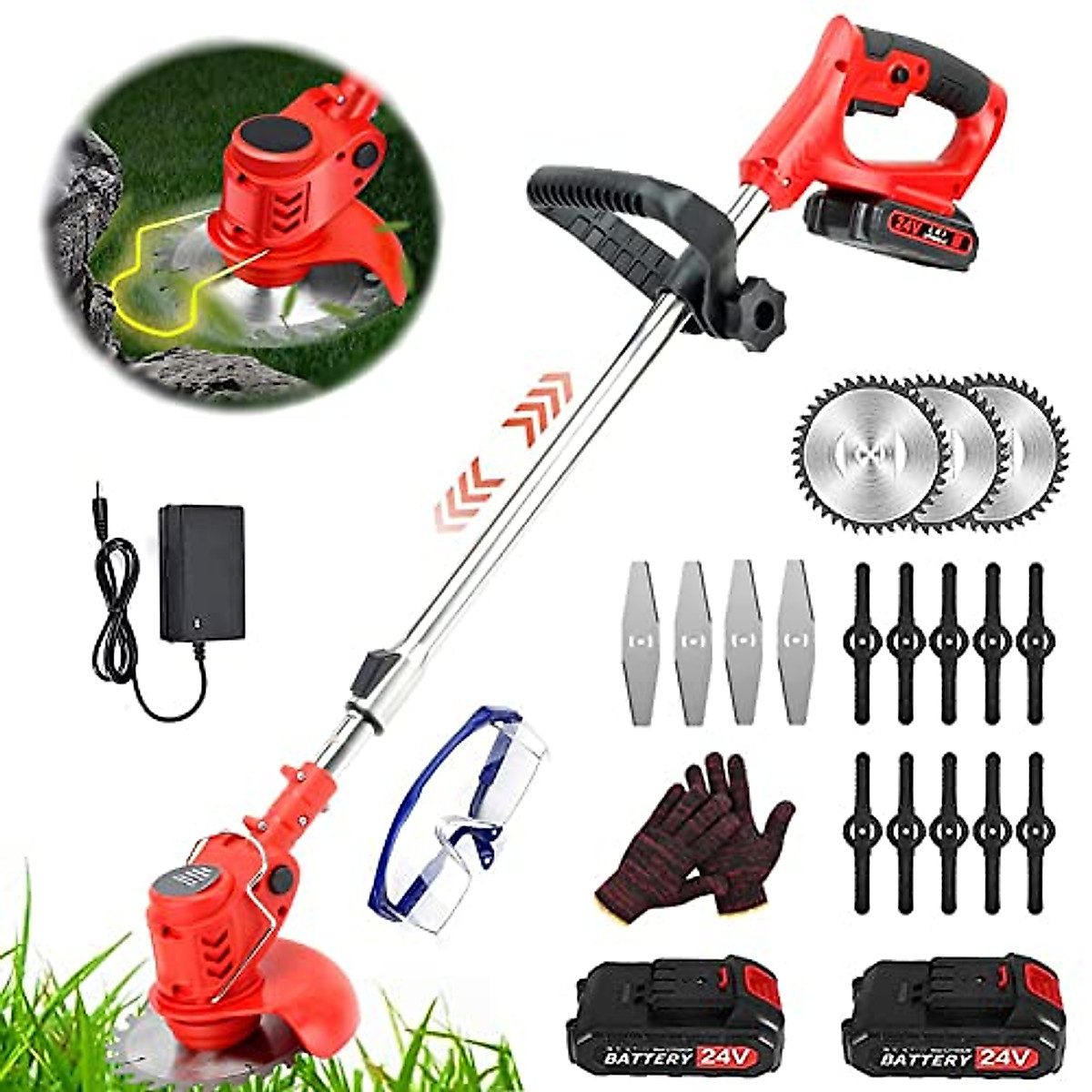 Cordless String Trimmer Electric Weed Eater Battery Powered 24v Weed Wacker 3-in-1 Cutting Tool 17 Blades Lawn Trimmer Edger Height Adjustable Low Noise Brush Cutter for Lawn, Yard, Garden, Bush