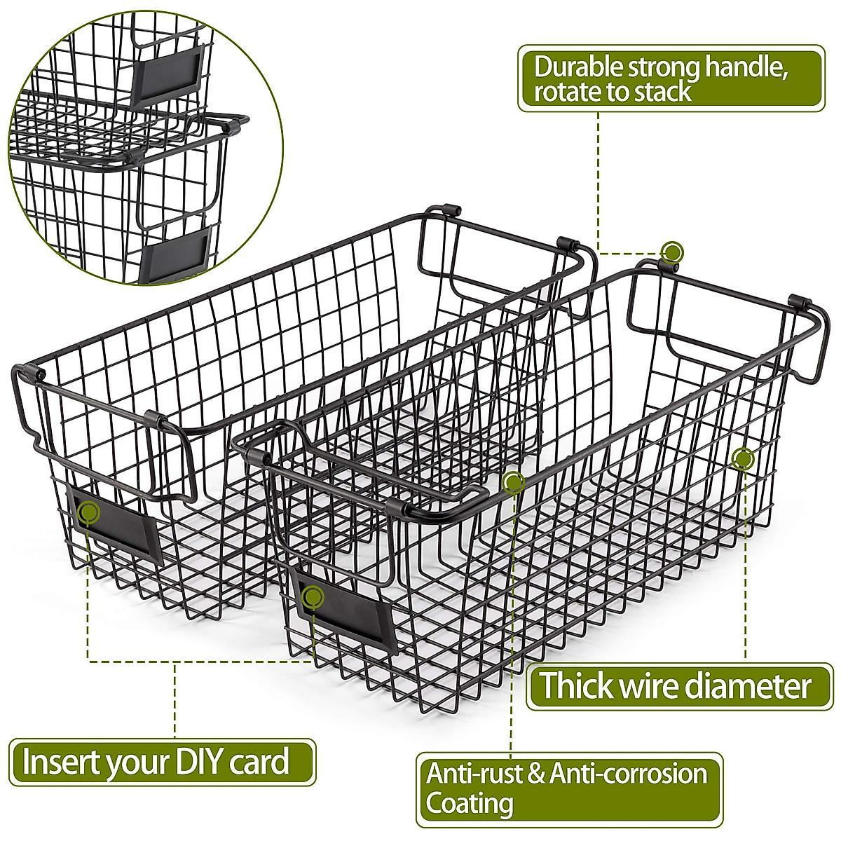 4 Pack [ XL Large ] STACKABLE Wire Baskets for Organizing - Pantry Storage and Organization Metal Bins for Produce, Food, Fruit - Kitchen Bathroom Closet Cabinet, Countertop, Under Sink Organizer