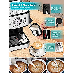 Gevi Espresso Machine 15 Bar Pump Pressure, Cappuccino Coffee Maker with Milk Foaming Steam Wand for Latte, Mocha, Cappuccino, 1.5L Water Tank （Tibetan Black）