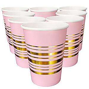 DiggHous KSG Elegant Light Pink and Gold Striped Paper Party Cups 12 oz - Pack of 50 Disposable Cups - Perfect for Bachelorette Baby Shower Birthdays - Hot and Cold Beverages