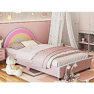 IKIFLY Twin Size Kids Bed, Children Upholstered Twin Platform Bed Frame with Curved Headboard, Pink Toddler Bed for Boys & Girls, Teens, No Box Spring Needed - Rainbow Design