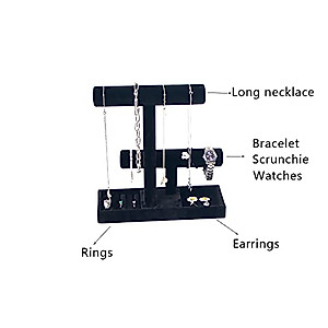 ByKen Multi-Functional Necklace Holder,Bracelet Holder,Jewelry Organizer Stand with Earrings Rings Tray,Jewelry Holder for Scrunchie Watches Detachable(Black Velvet)