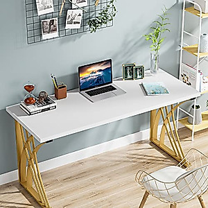 LITTLE TREE 55’’ Large Modern Computer Desk, White & Gold Luxury Laptop PC Student Table, Makeup Vanity Table with Thick Frame & Strong Legs, Sturdy Writing Workstation for Home & Office