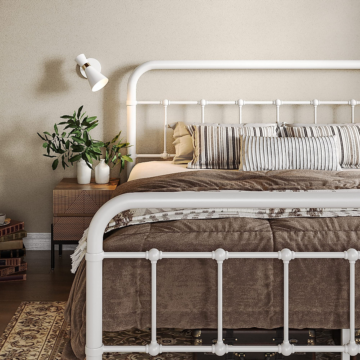 Allewie Full Size Metal Platform Bed Frame with Victorian Style Wrought Iron-Art Headboard/Footboard, No Box Spring Required，White