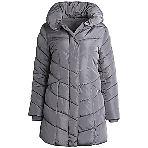 Steve Madden Women's Long Chervron Quilted Outerwear Jacket, Titanium, Large