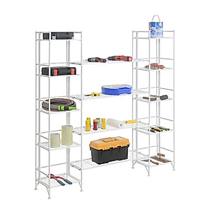 Convenience Concepts Xtra Storage Shelves - 5 Tier Folding Metal Shelving with Set of 4 Deluxe Extension Shelves - Modern Shelves for Storage and Display in Living Room, Bathroom, Office, White