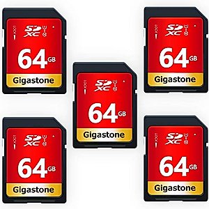 Gigastone 64GB 5-Pack SD Card UHS-I U1 Class 10 SDXC Memory Card High Speed Full HD Video Canon Nikon Sony Pentax Kodak Olympus Panasonic Digital Camera, with 5 Mini Cases