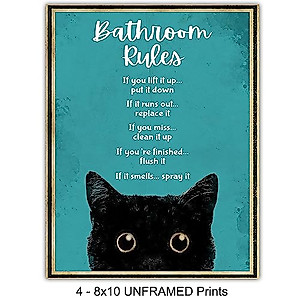 Teal Blue Bathroom Wall Decor - Funny Cat Bathroom Decor - Bathroom Rules Decorations for Women, Kitty, Kitten, Animal Lovers - Guest Bathroom - Restroom Sign - Bath Wall Decor - Powder Room Wall Art