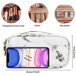 Relavel Makeup Case 2-Layer Cosmetic Brush Bag Marble Storage Travel Bag for Professional Makeup Brushes Storage Box (Marble White Pattern)