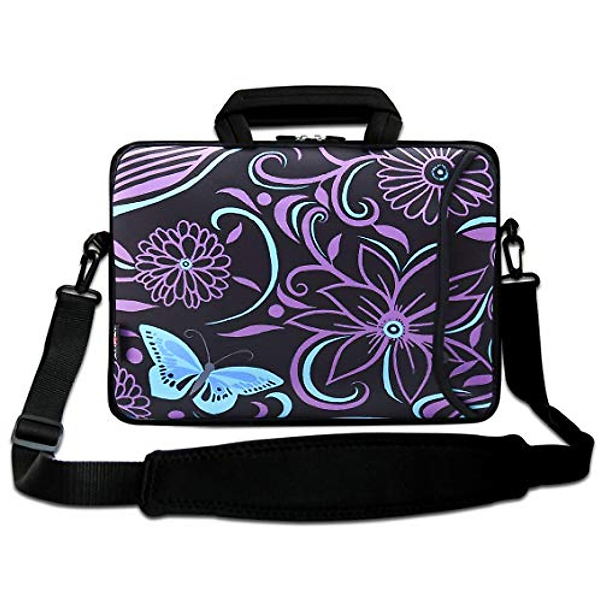 AUPET 16 16.5 17-17.3-Inch Water Resistant Neoprene Sleeve Notebook Neoprene Messenger Case Tote Bag with Outside Handle and Adjustable Shoulder Strap & Extra Pocket(Purple Flower)