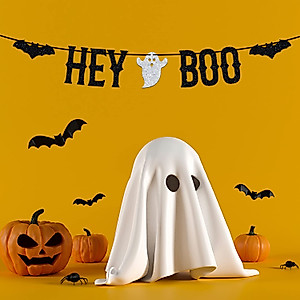 Black Glitter Hey&Boo Banner - Halloween Party Bunting Garlands - Haunted House Decorating, Indoor Outdoor Decorations