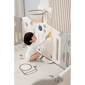 Space playpen:18 Panel Infants Toddler Safety Kids Playpen Activity Center Play Yard W/Lock Door and Basketball Hoop and Large Mat (Gray +White)