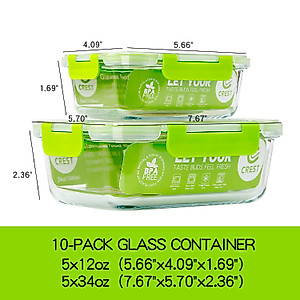 C CREST Glass Containers for Food Storage with Lids, [10-Pack] Meal Prep Containers for Kitchen, Home Use, BPA Free