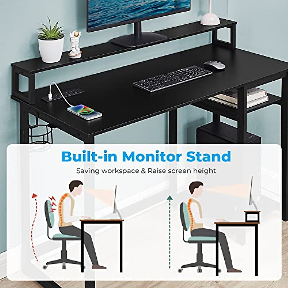 GreenForest Computer Desk with USB Charging Port and Power Outlet, Reversible Small Desk with Monitor Stand and Storage Shelves for Home Office, 40 in Work Desk with Cup Holder Hook, Black