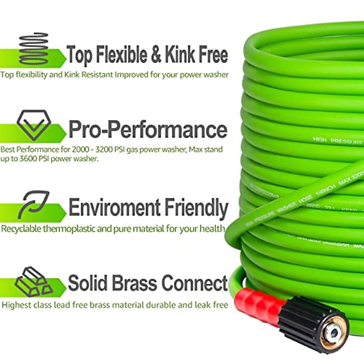 YAMATIC Super Flexible Pressure Washer Hose 50 FT 1/4", Kink Resistant Power Washer Hose Replacement for Flexzilla Uberflex Ryobi Genarac Troy Bilt Honda M22-14mm Rated 3200 PSI/Max 3700 PSI,Green