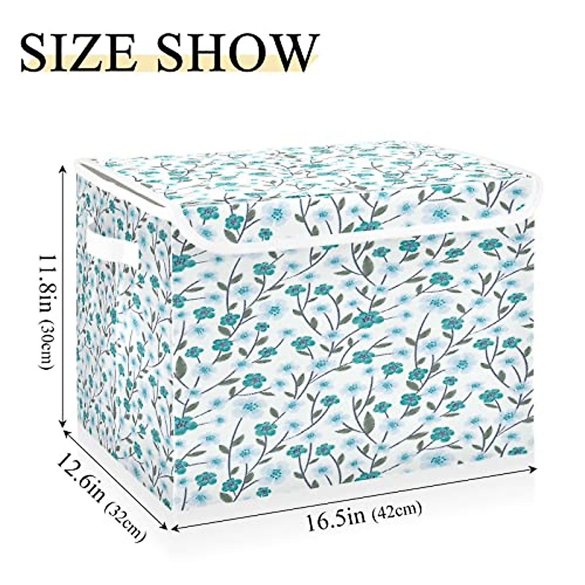 Kigai Storage Basket Blue Floral Storage Boxes with Lids and Handle, Large Storage Cube Bin Collapsible for Shelves Closet Bedroom Living Room, 16.5x12.6x11.8 In