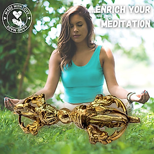 Sweet Us Tibetan Buddhist Dorje for Hand Bell and Pouch Bundle, Antique Brass Vajra, Service Call, School Bell, 4.25-in Long