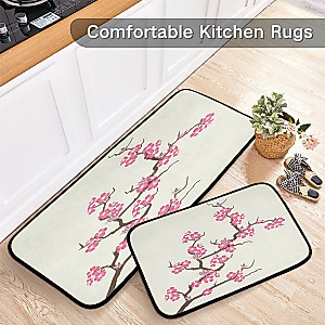 ALAZA Cherry Blossom Flower Blossom Floral Non Slip Kitchen Floor Mat Set of 2 Piece Kitchen Rug 47 x 20 inches + 28 x 20 inches for Entryway Hallway Bathroom Living Roo