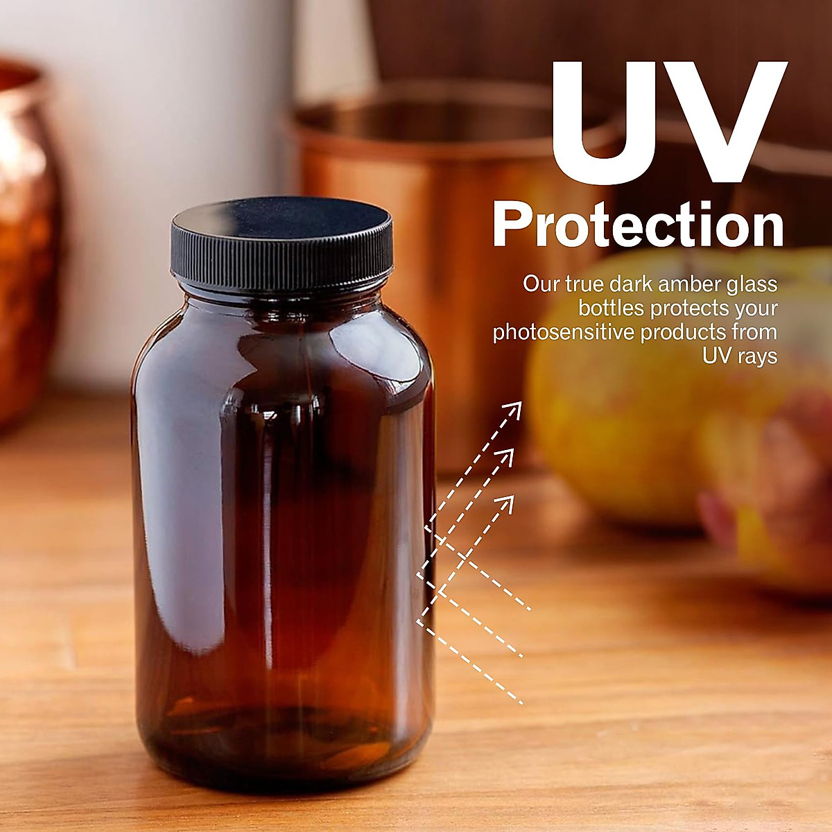 ALWSCI 250 ml 8 oz Amber Glass Wide Mouth Packer Bottle 45-400 Black Ribbed Cap, Diameter 64 mm x 119 mm, Pack of 24